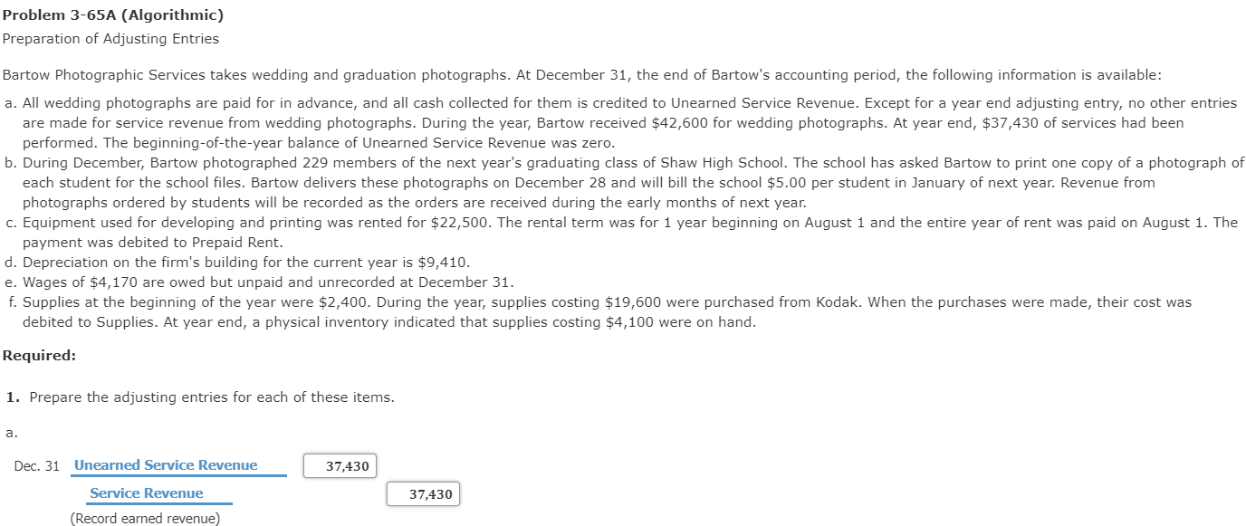 Solved Problem 3-65A (Algorithmic) Preparation of Adjusting | Chegg.com