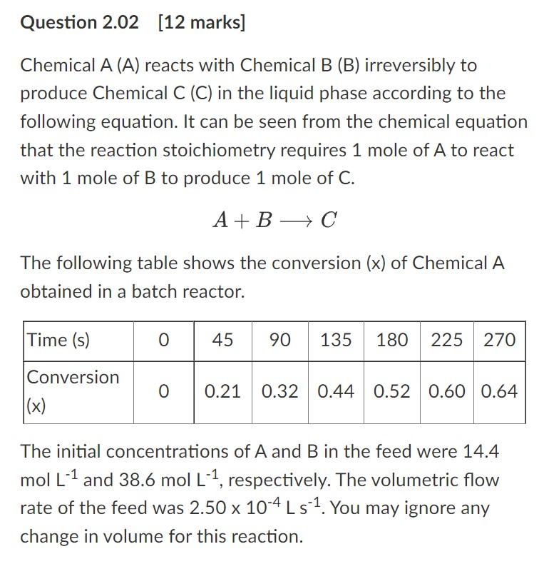 Solved Question 2.02 [12 marks] Chemical A(A) reacts with | Chegg.com
