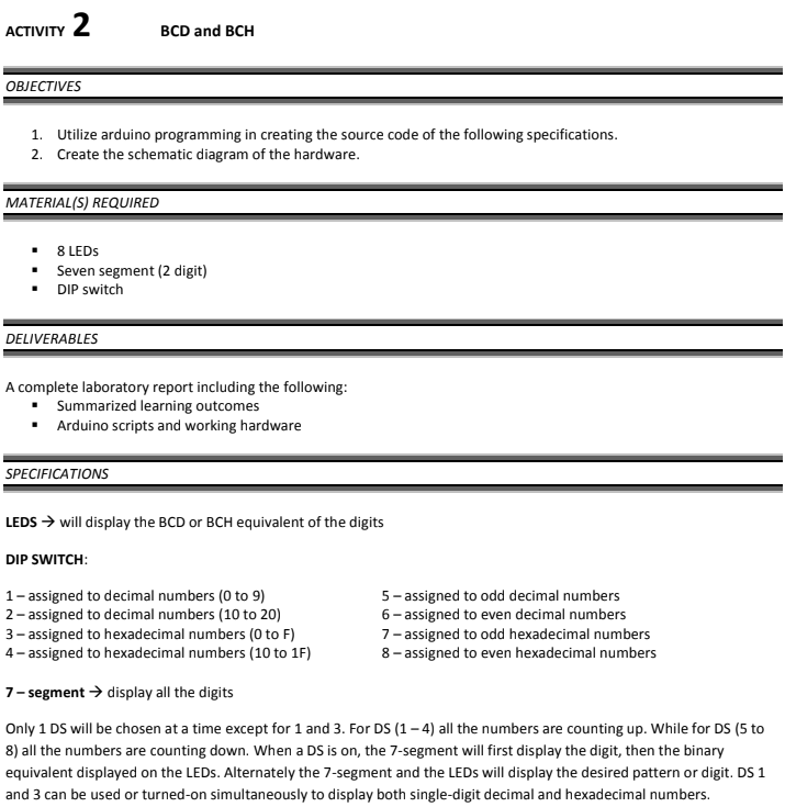 ACTIVITY 2 BCD and BCH OBJECTIVES 1. Utilize arduino | Chegg.com