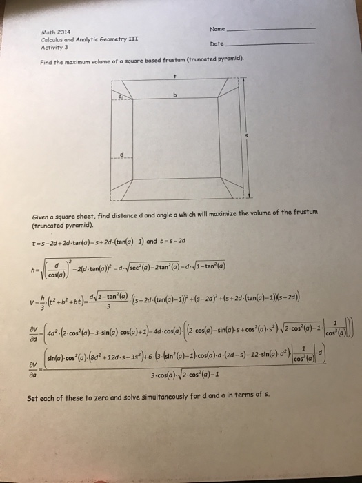 Solved Find the maximum volume of a square based frustum | Chegg.com