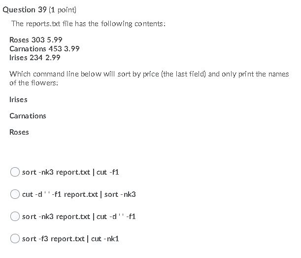 Solved Question 39 (1 point) The reports.txt file has the | Chegg.com