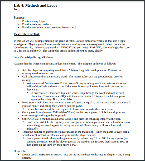 Solved Lab 4: Methods and Loops Jotto Purpose Practice using | Chegg.com