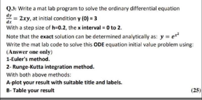 Solved dx Q.3: Write a matlab program to solve the ordinary | Chegg.com