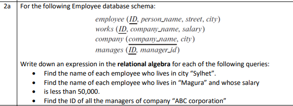Solved 2a For the following Employee database schema: | Chegg.com