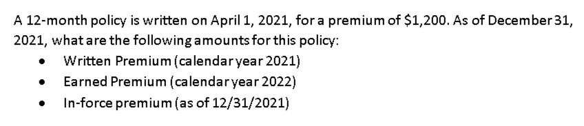 Solved A 12 -month policy is written on April 1,2021 , for a | Chegg.com