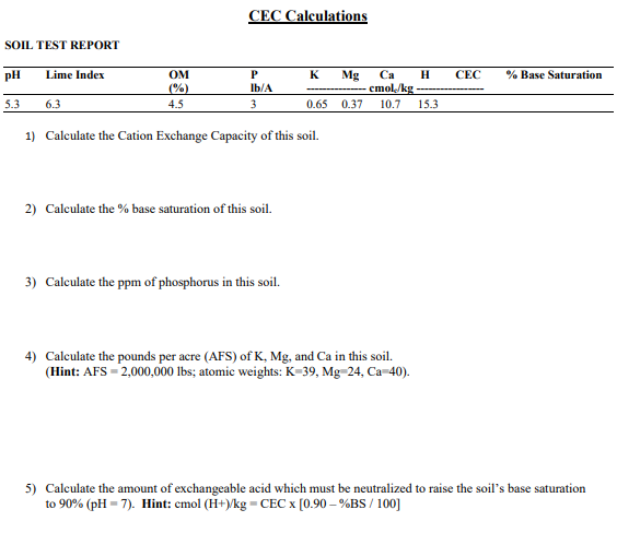 Solved CEC CalculationsSOIL TEST REPORTCalculate the Cation | Chegg.com