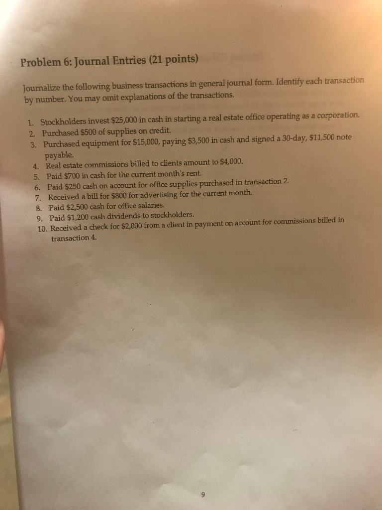 Solved Problem 6: Journal Entries (21 points) Journalize the | Chegg.com