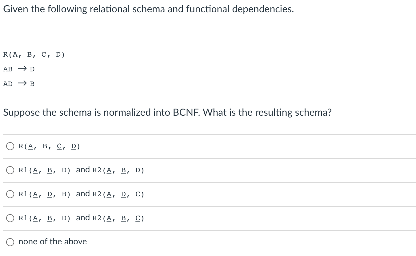 Solved Given the following relational schema and functional | Chegg.com