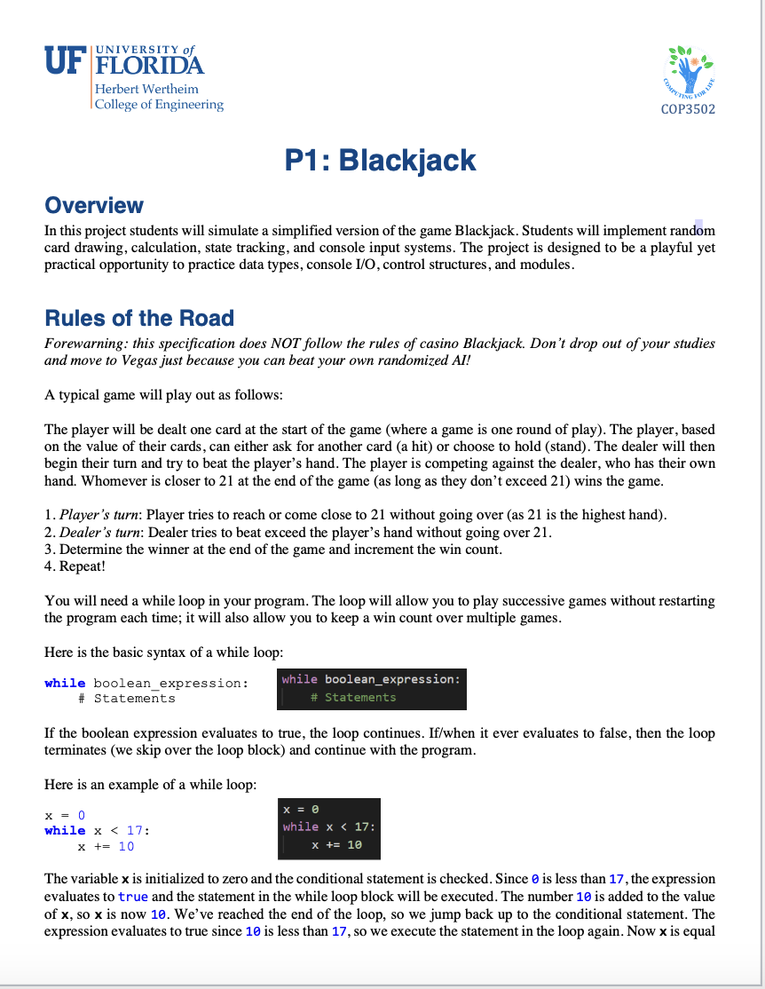 Solved P1: Blackjack Overview In this project students will | Chegg.com