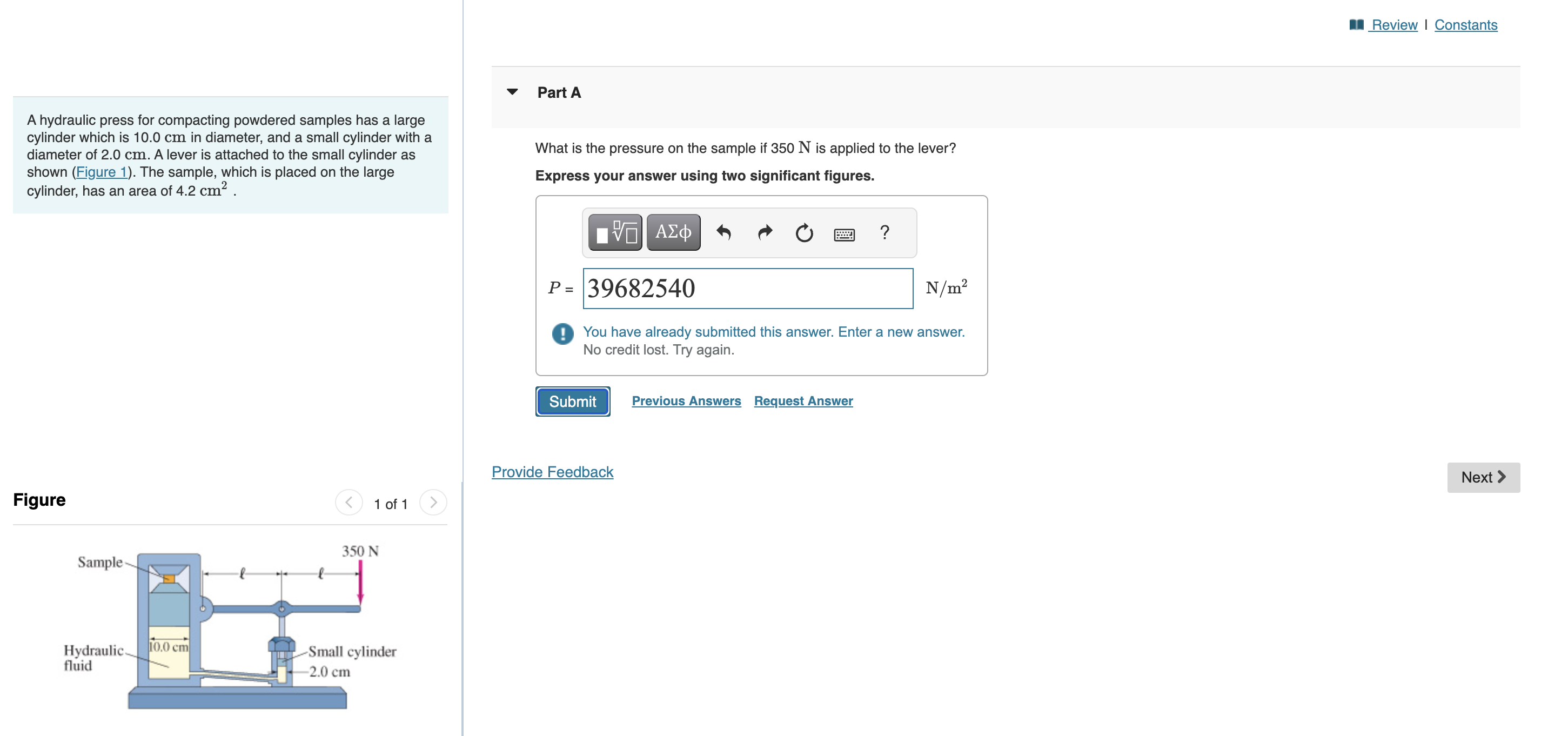 Solved A hydraulic press for compacting powdered samples has | Chegg.com