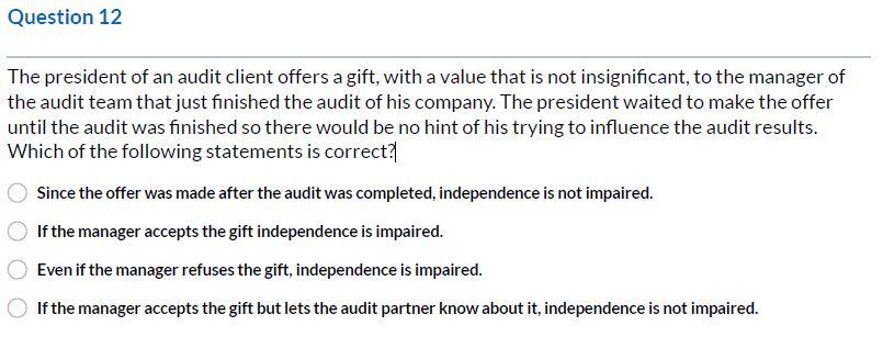 Solved The president of an audit client offers a gift, with | Chegg.com