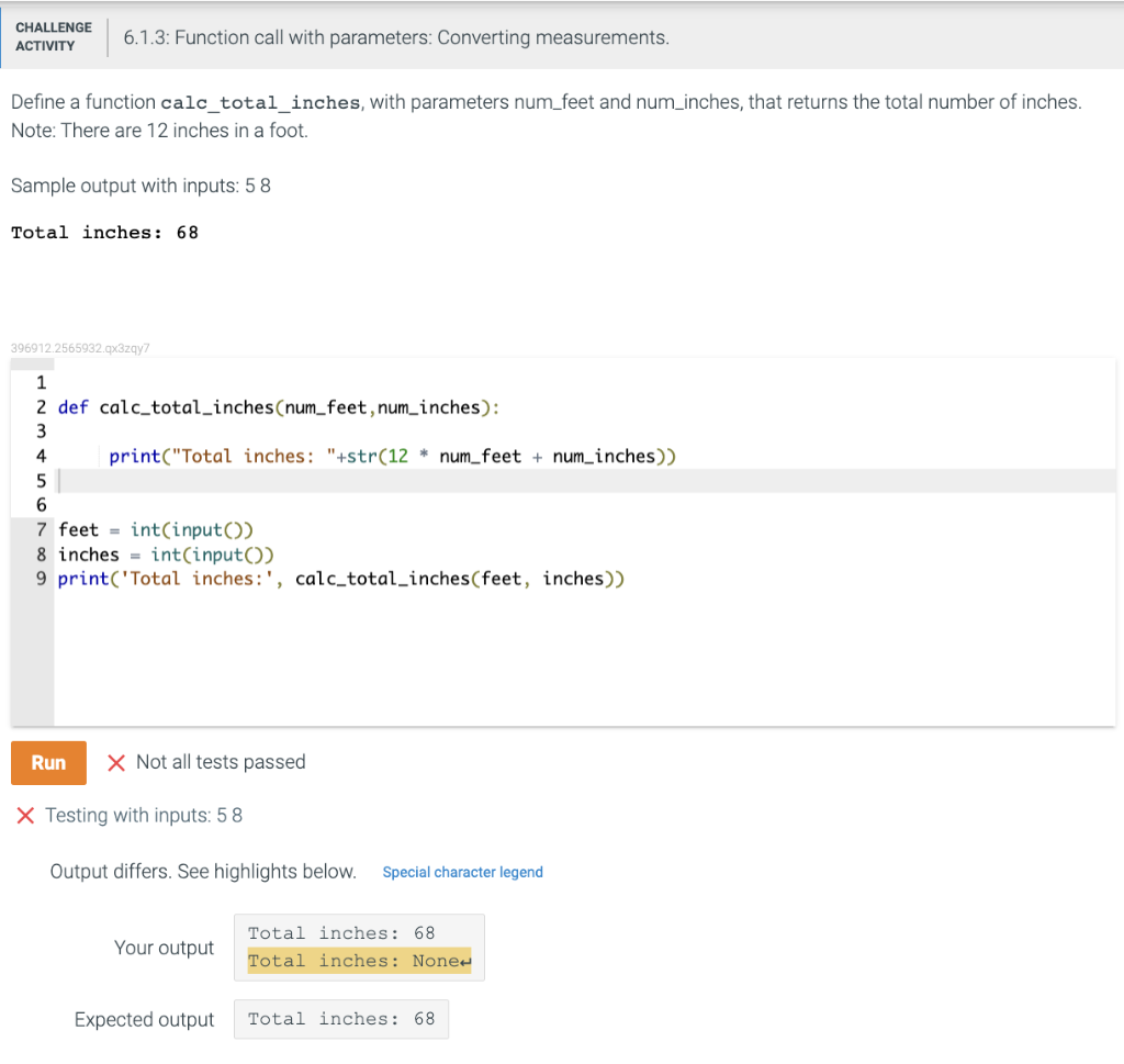 Solved def calc_total_inches(num_feet,num_inches): | Chegg.com
