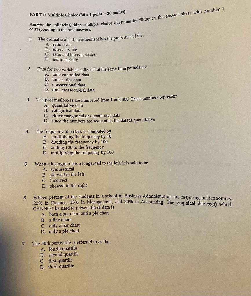 Solved PART 1: Multiple Choice (30×1 point =30 points ) | Chegg.com
