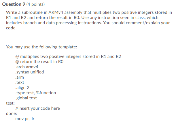 Solved Question 9 (4 points) Write a subroutine in ARMv4 | Chegg.com