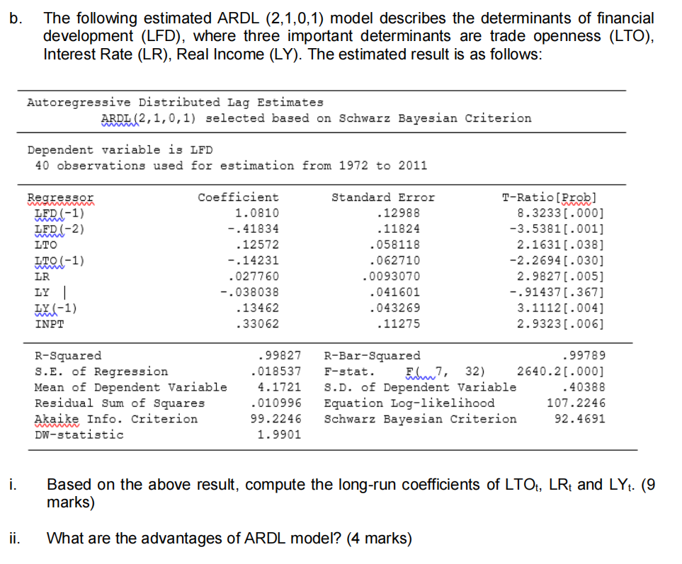 Solved b. ﻿The following estimated ARDL (2,1,0,1) ﻿model | Chegg.com