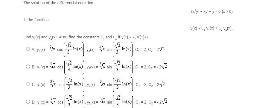Solved The solution of the differential equation 3x2y" + xy | Chegg.com