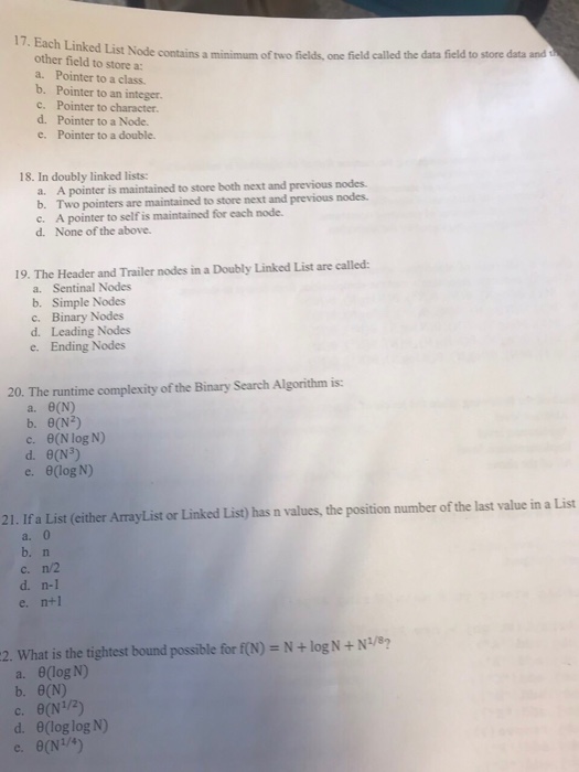 Solved 17. Each Linked List Node contains a minimum of two | Chegg.com