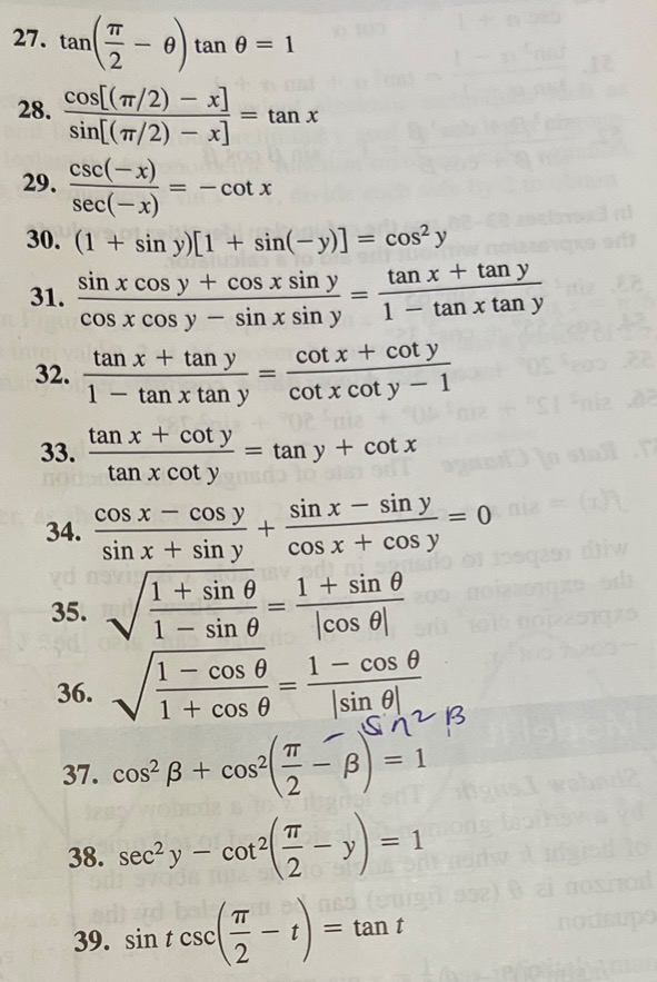 Solved 27. tan(2π−θ)tanθ=1 28. sin[(π/2)−x]cos[(π/2)−x]=tanx | Chegg.com