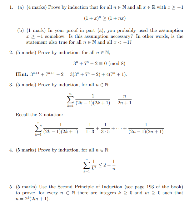 Solved 1. (a) (4 marks) Prove by induction that for all n € | Chegg.com