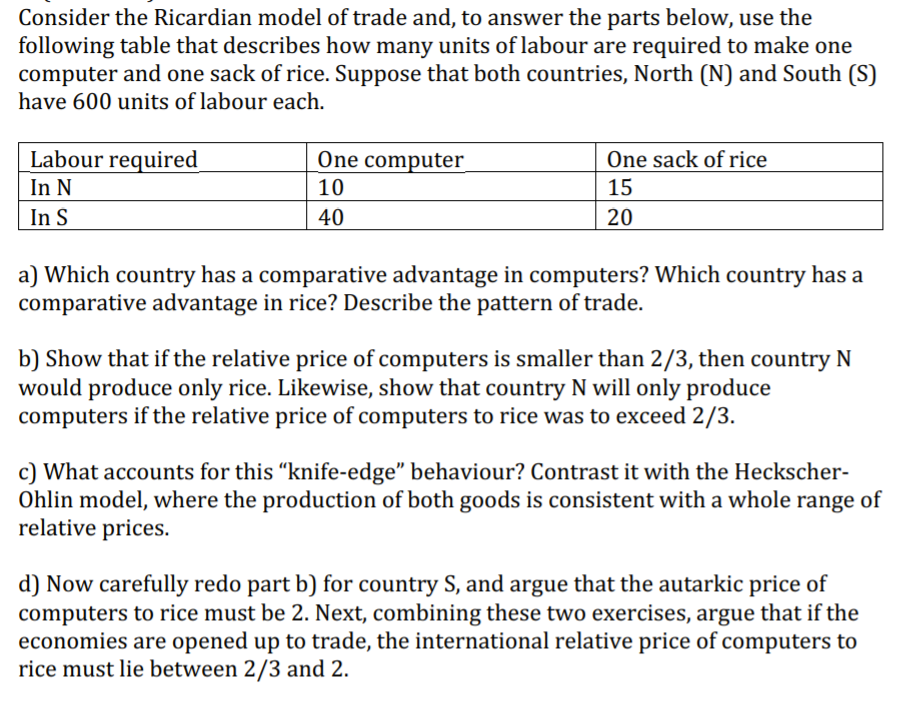 Solved Consider the Ricardian model of trade and, to answer | Chegg.com