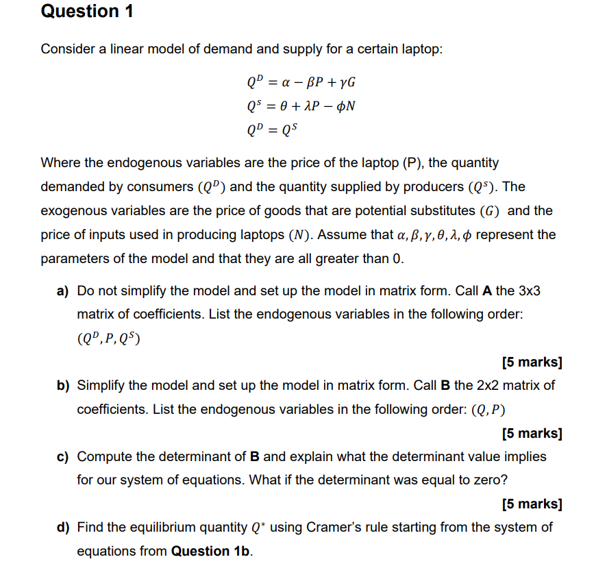 Solved Consider a linear model of demand and supply for a | Chegg.com