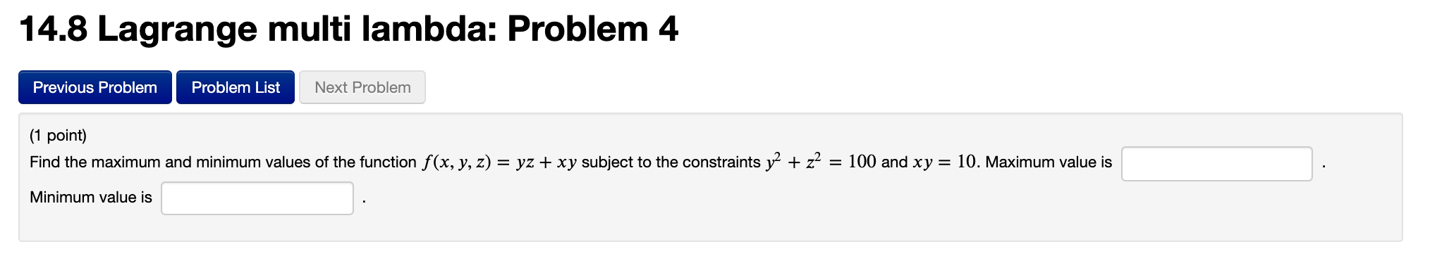 Solved 14.8 Lagrange multi lambda: Problem 3 Previous | Chegg.com