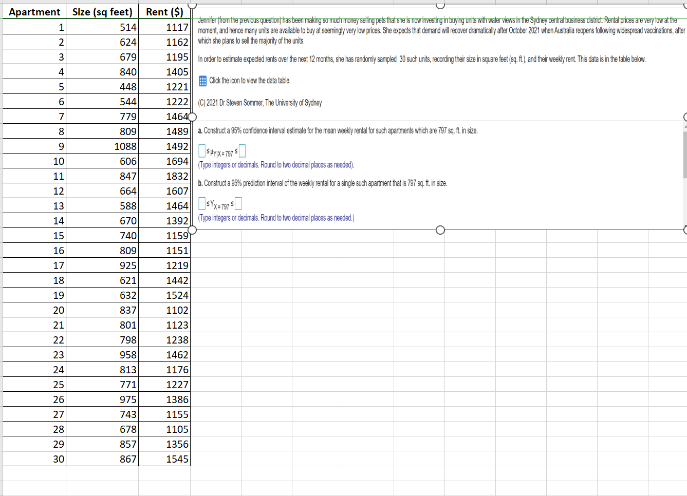 Solved Apartment Size (sq feet) 1 514 2 624 Rent ($) | Chegg.com