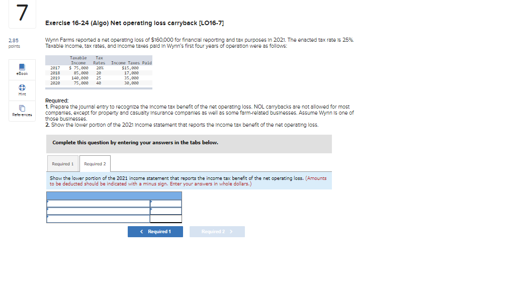 Solved Exerclse 16-24 (Algo) Net operating loss carryback | Chegg.com
