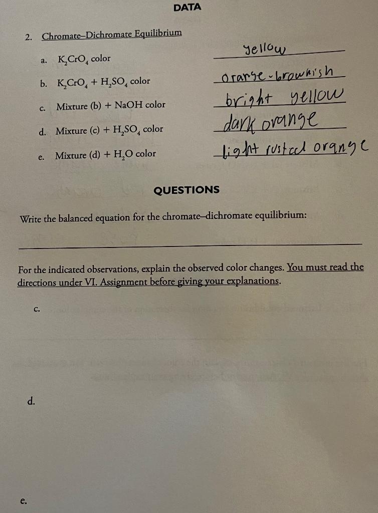 Solved PART 2: Chromate-Dichromate Equilibrium Color changes | Chegg.com