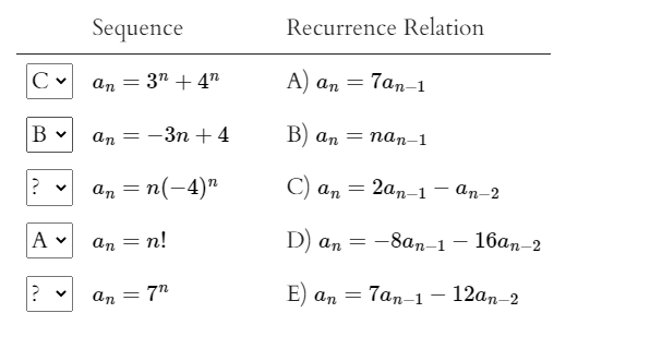 Solved For each sequence, select the recurrence relation | Chegg.com