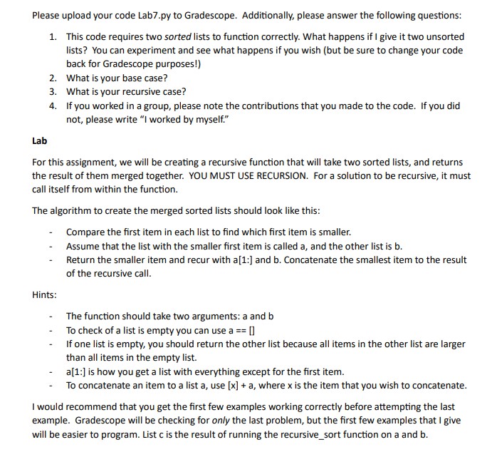 Solved Please upload your code Lab7.py to Gradescope. | Chegg.com