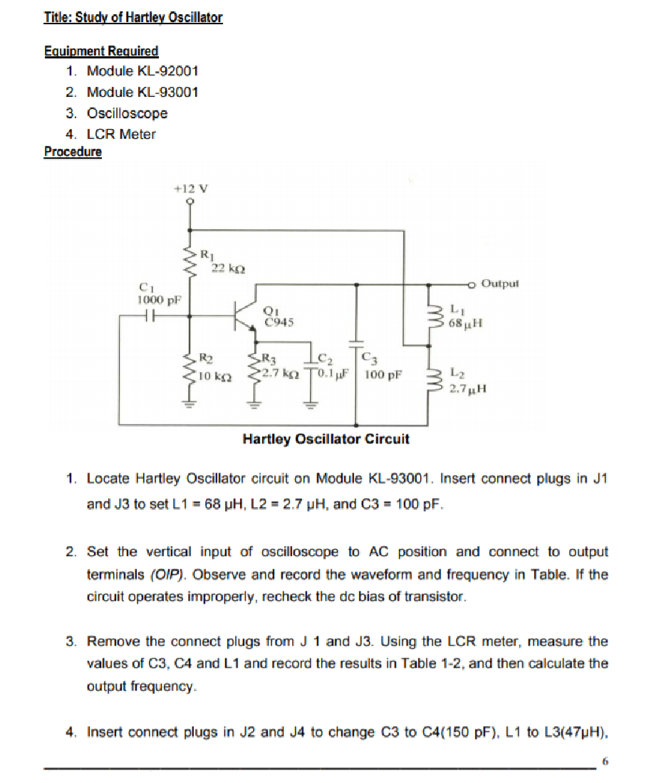 Title: Study of Hartley Oscillator Equipment Required | Chegg.com