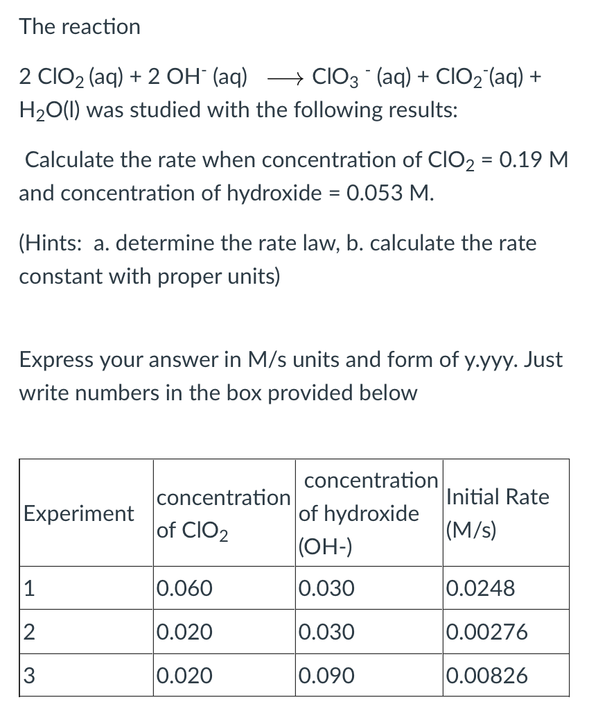 Solved The reaction 2 ClO2 (aq) + 2 OH- (aq) → CIO3 - (aq) + | Chegg.com