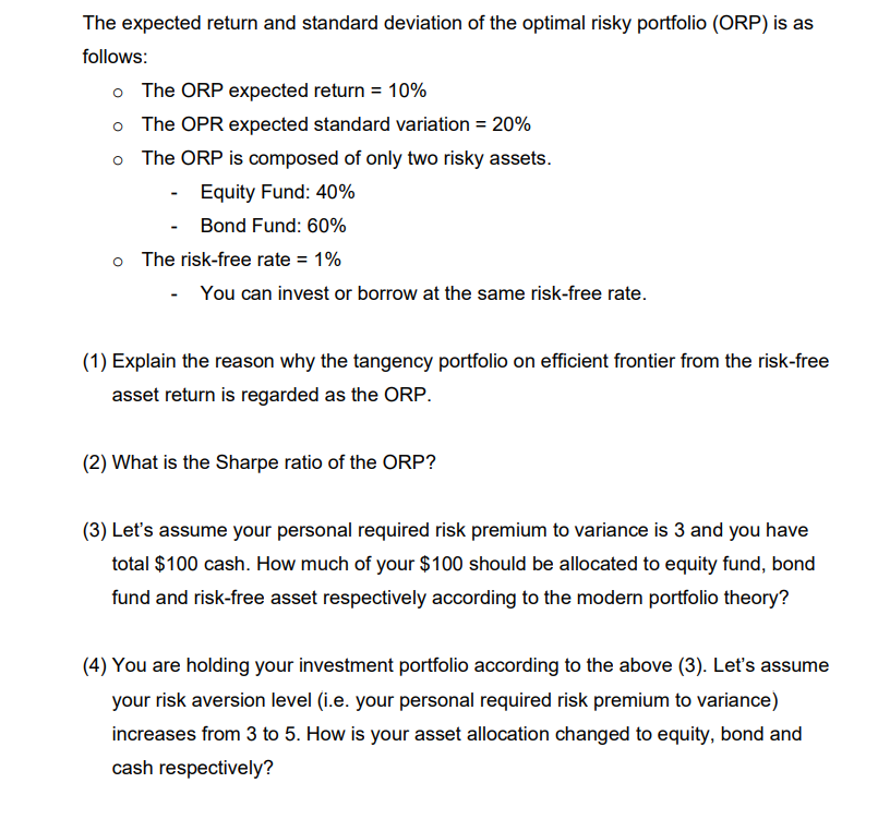 Solved The Expected Return And Standard Deviation Of The