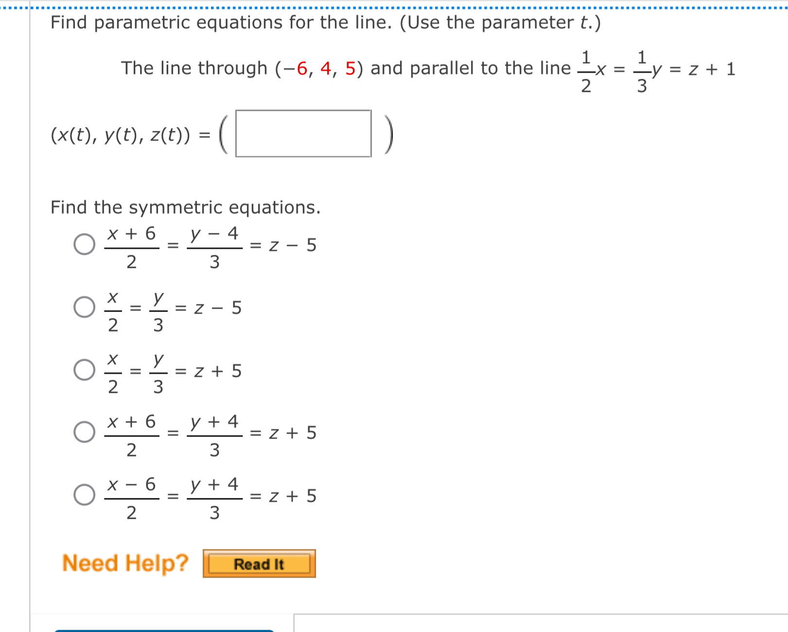 Solved t.(-6,4,5) ﻿and parallel to ﻿the line | Chegg.com