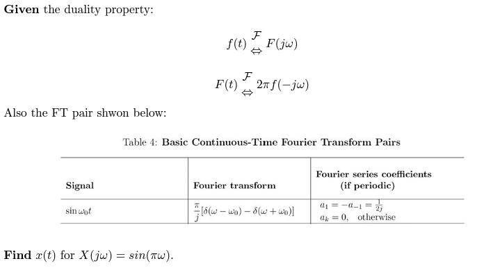 Solved Given the duality property: f(t)⇔FF(jω)F(t)⇔F2πf(−jω) | Chegg.com