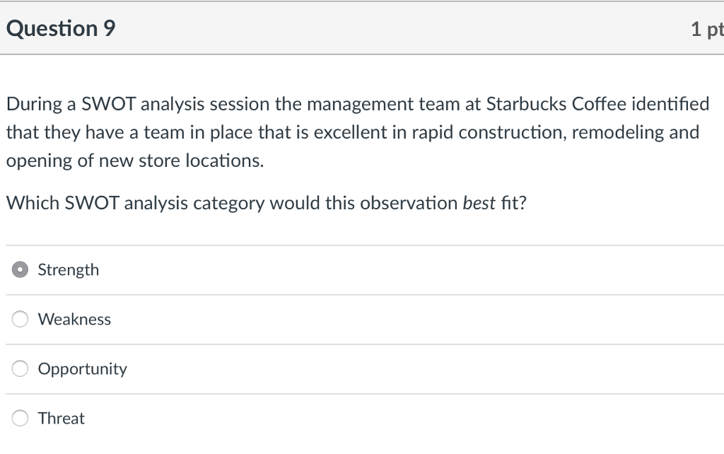Solved Question 9 1 pt During a SWOT analysis session the | Chegg.com