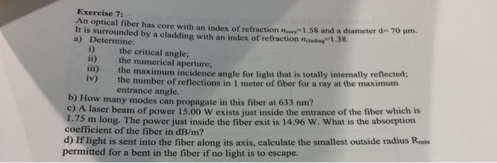 Solved An optical fiber has core with an index of refraction | Chegg.com