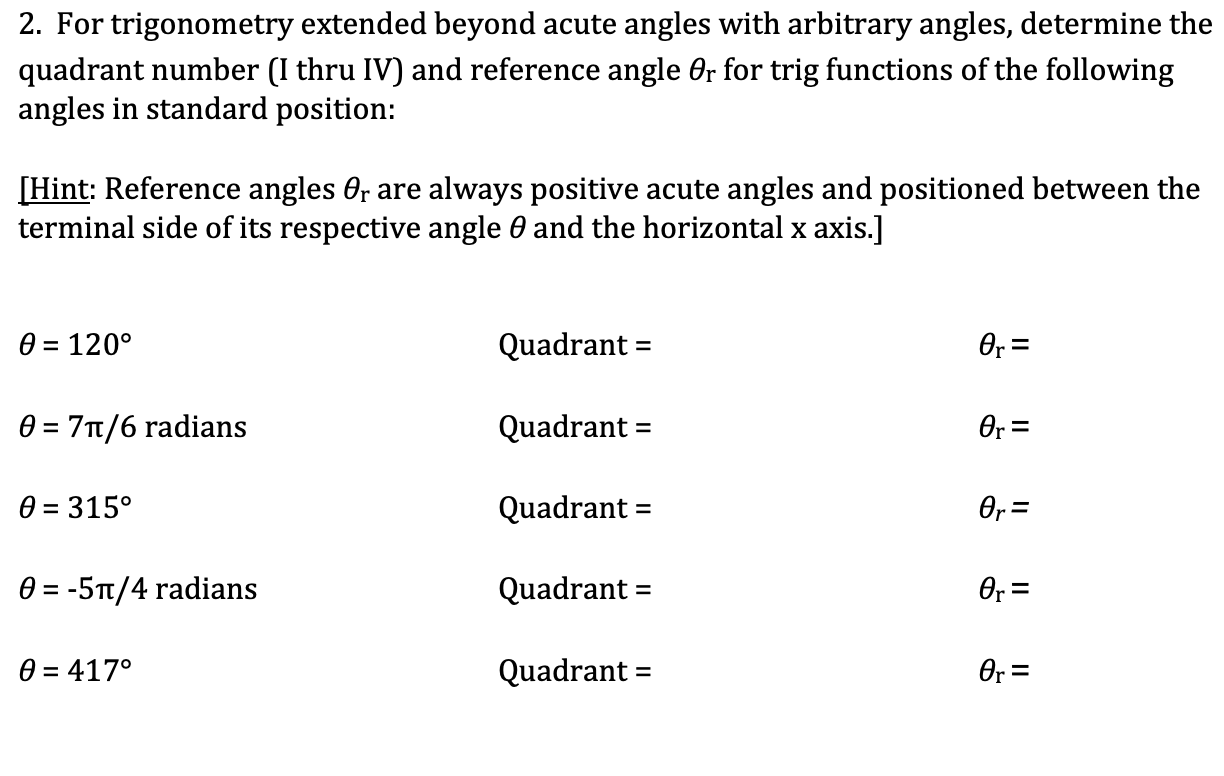 Solved 2. For trigonometry extended beyond acute angles with | Chegg.com
