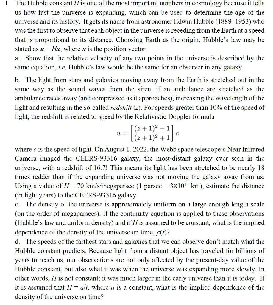 Solved The Hubble constant H is one of the most important | Chegg.com