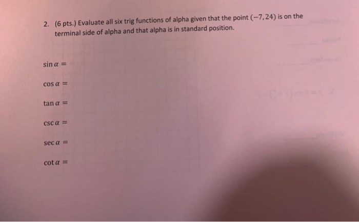 Solved 2. (6 pts.) Evaluate all six trig functions of alpha | Chegg.com