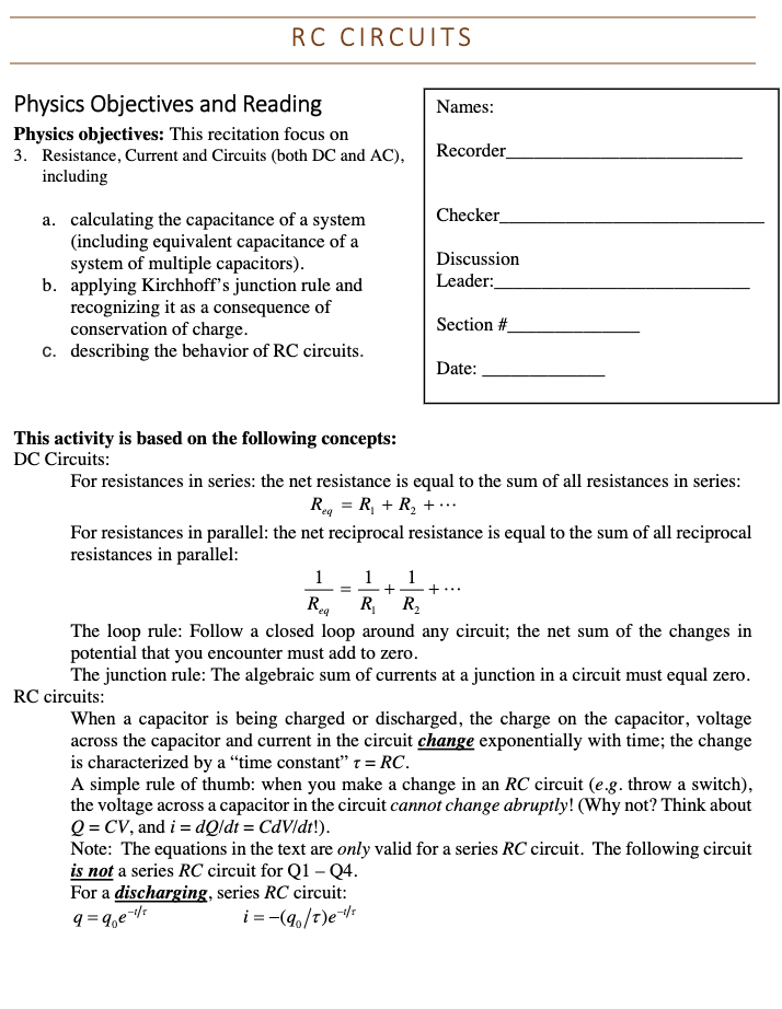 Solved RC CIRCUITS Names: Physics Objectives and Reading | Chegg.com