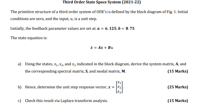 Solved Third Order State Space System (2021-22) The | Chegg.com
