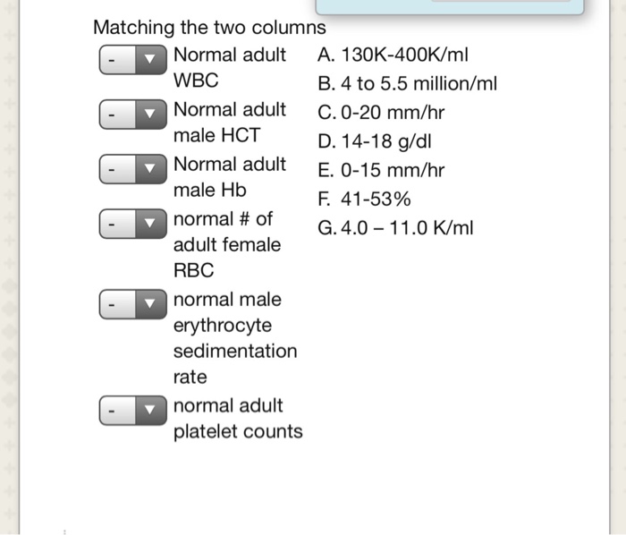 Solved Matching the two columns Normal adult A. 130K-400K/ml | Chegg.com