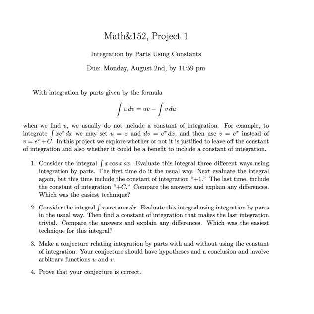 Solved Math&152, Project 1 Integration by Parts Using | Chegg.com