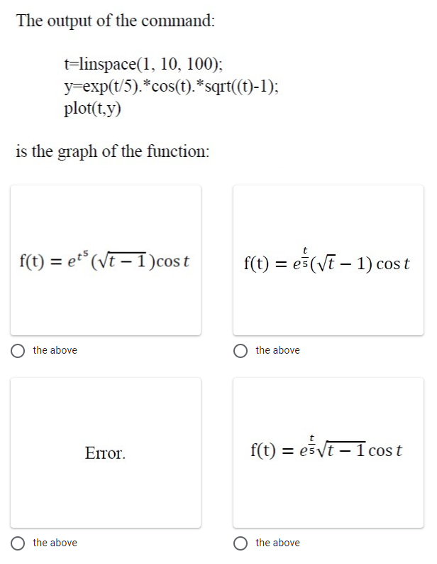 Solved The output of the command: t=linspace(1, 10, 100); | Chegg.com