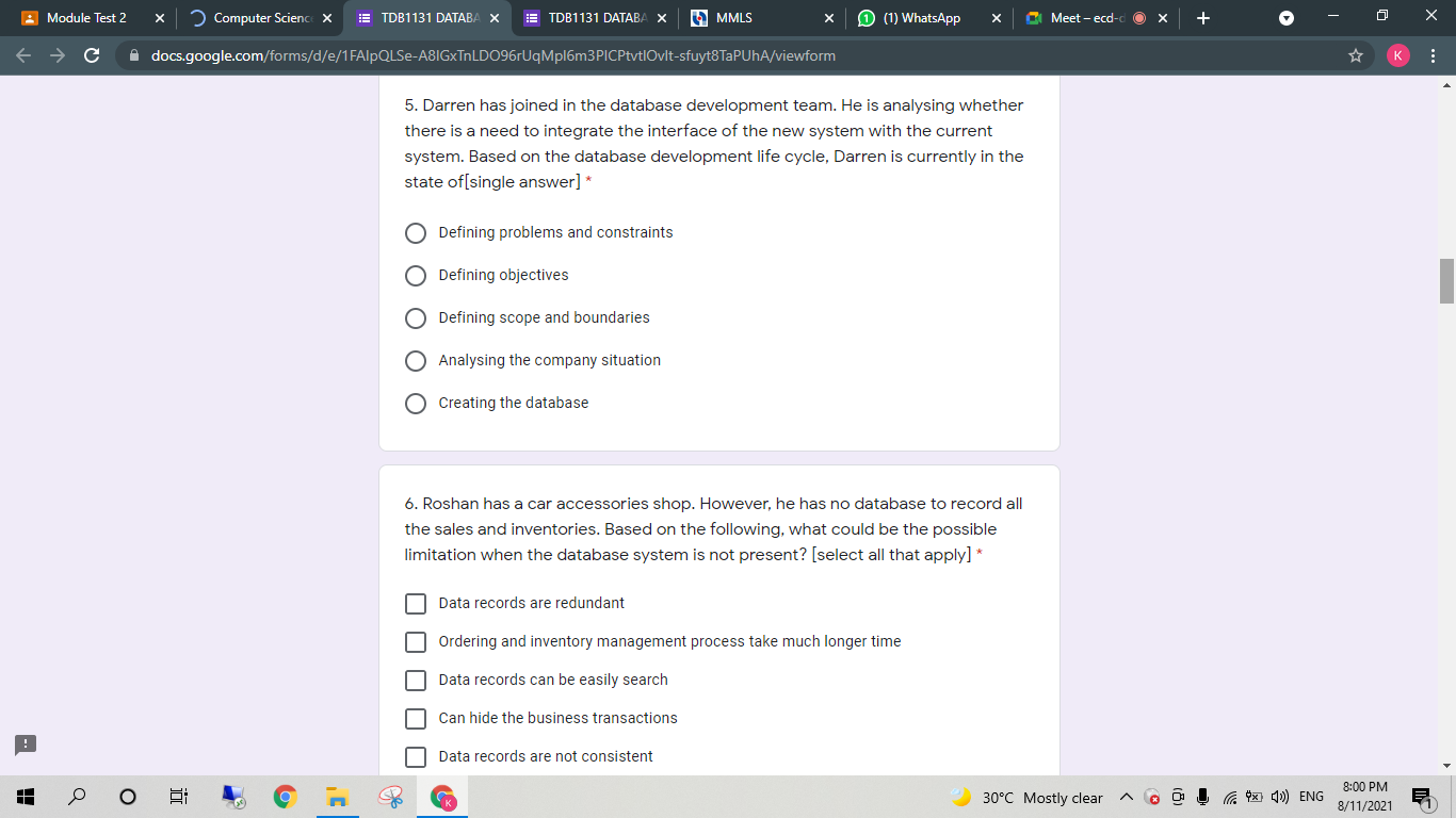 Solved : Module Test 2 X Computer Science x E TDB1131 DATABA | Chegg.com