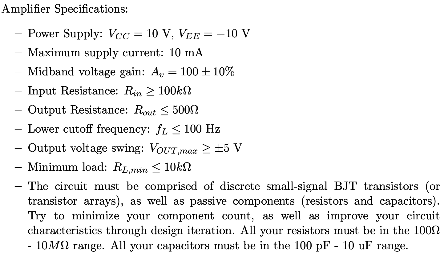 Solved implifer Specifications: - Power Supply: VCC=10 | Chegg.com