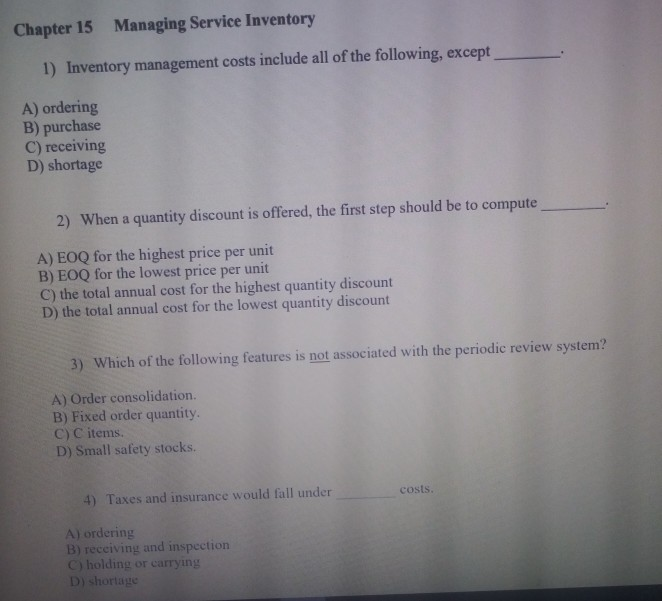 Solved Chapter 15 Managing Service Inventory 1) Inventory | Chegg.com