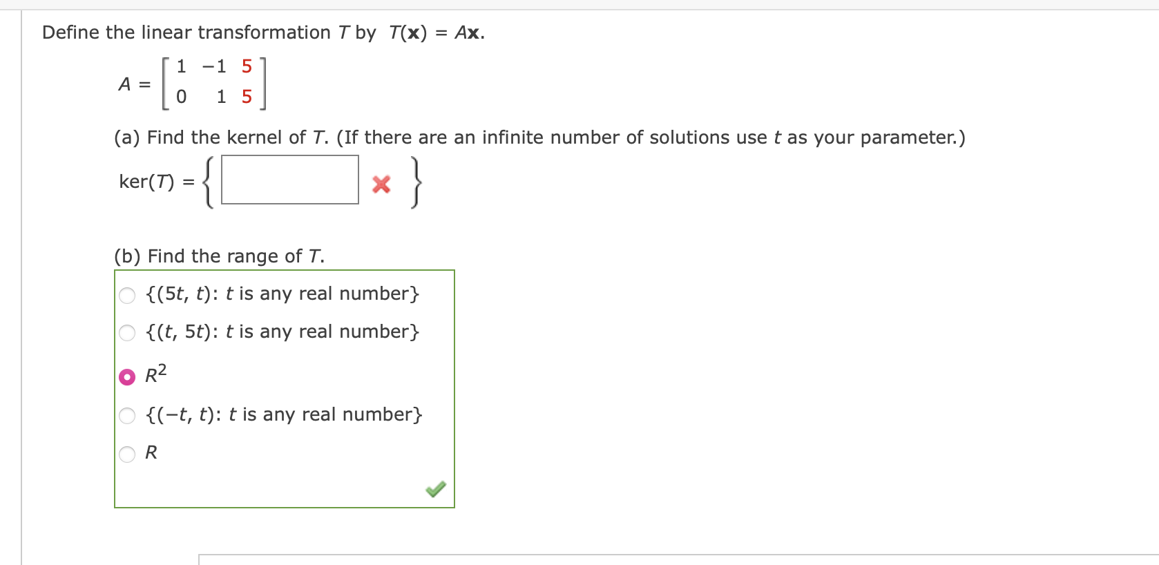 Solved Define the linear transformation T by T(x) = Ax. 1 A | Chegg.com